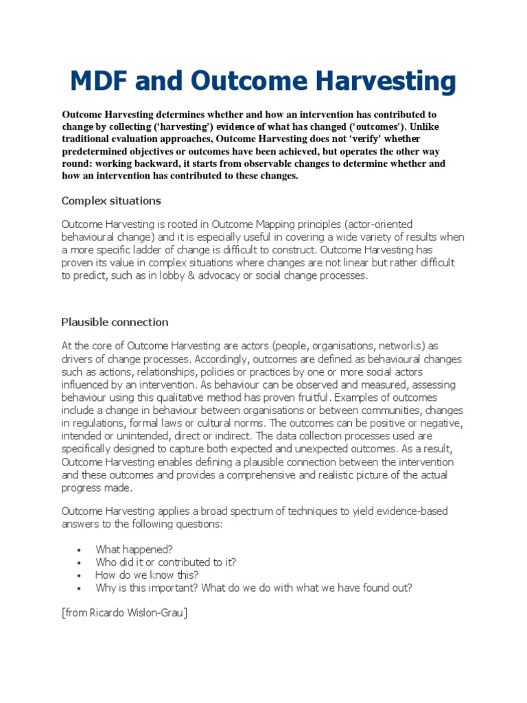 MDF and Outcome Harvesting | PDF | Evidence Based Practice | Evaluation