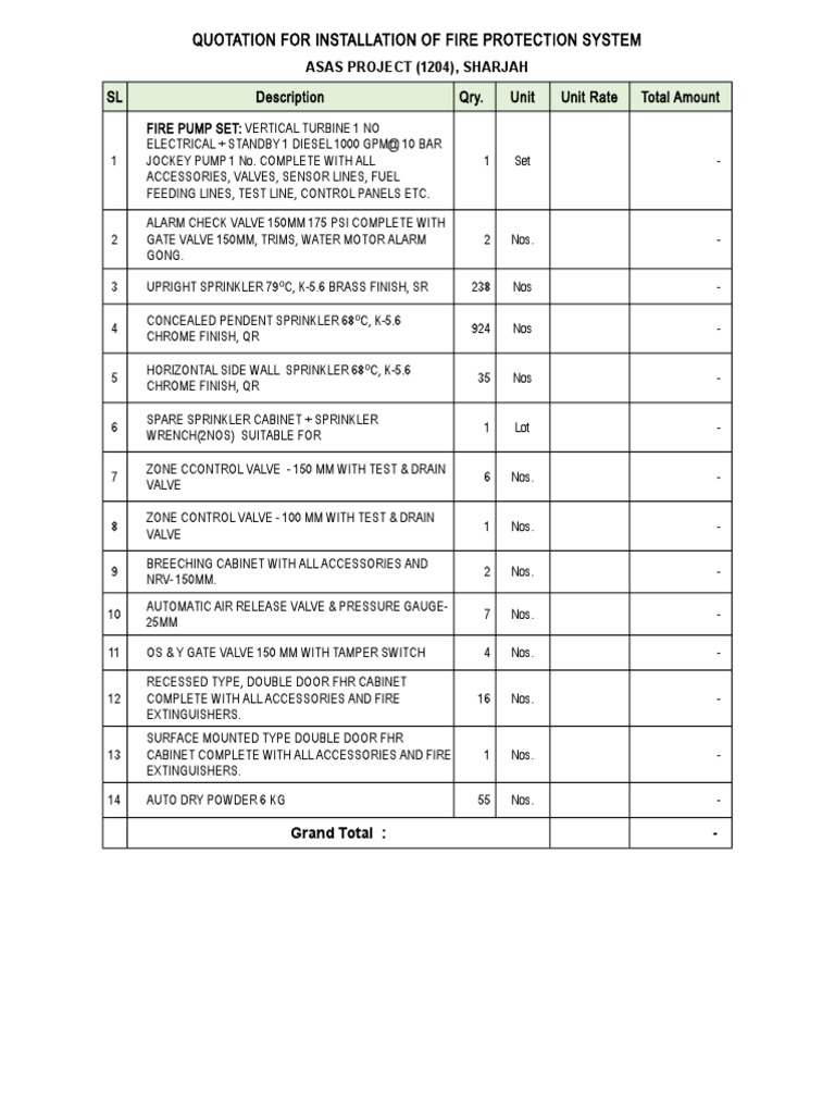 Quotation For Installation of Fire Protection System: SL Description ...