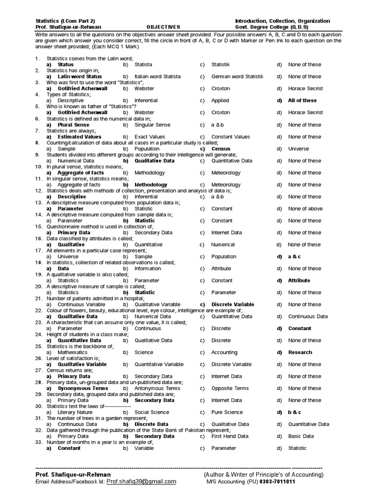 Statistics Mcq S I Com Part 2 Pdf Arithmetic Mean Mode Statistics
