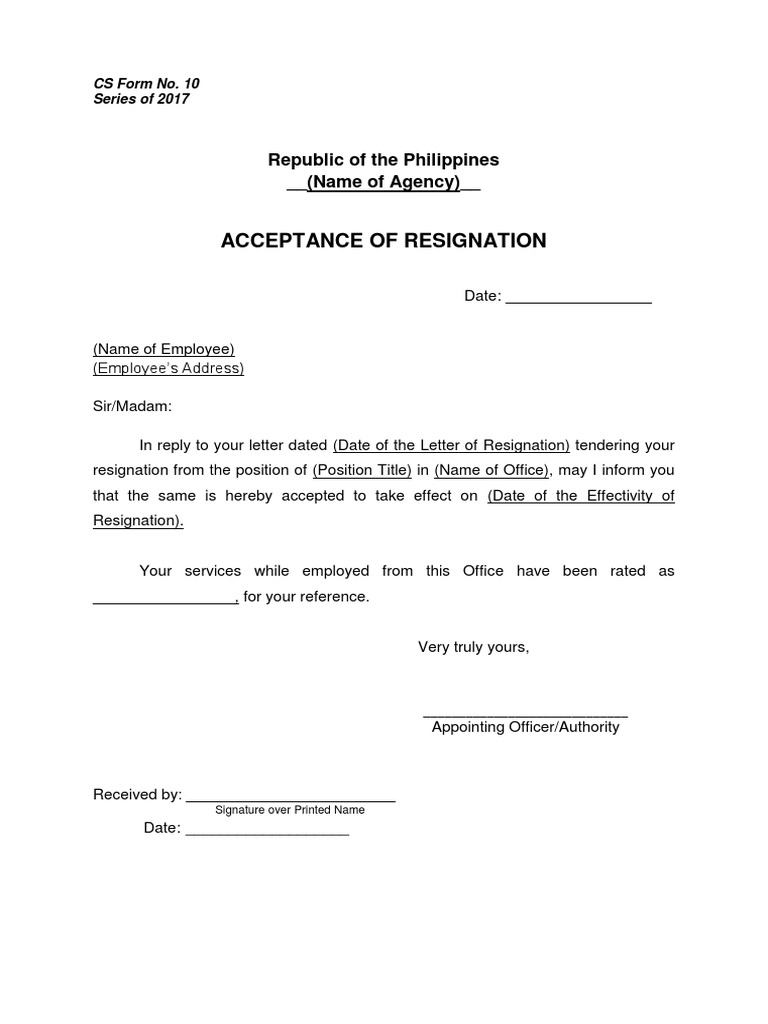 CS Form No. 10 Acceptance of Resignation | PDF