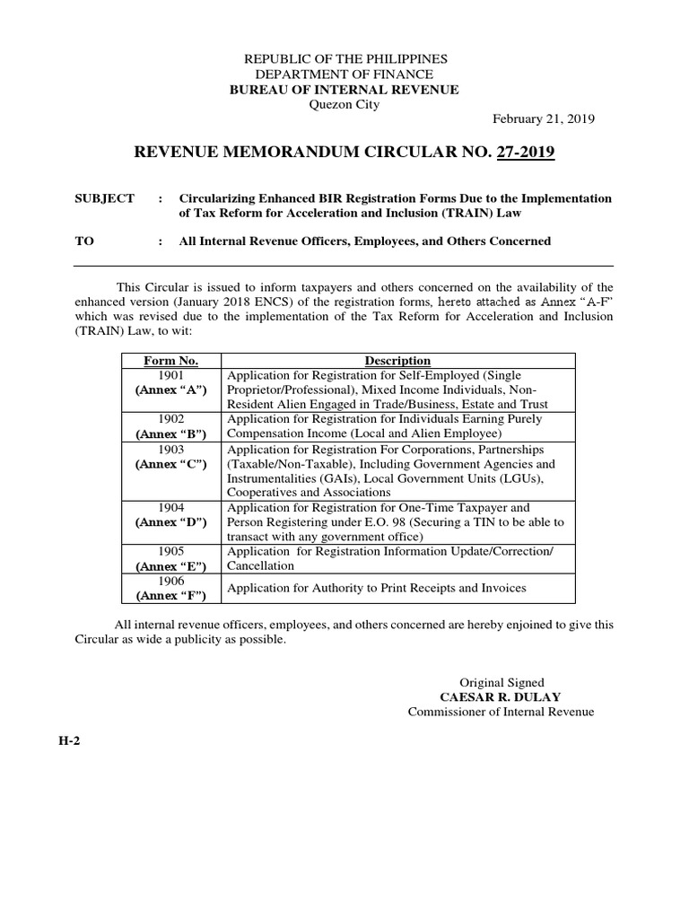 RMC 27-2019 Circularizes The Enhanced BIR Registration Forms | PDF ...