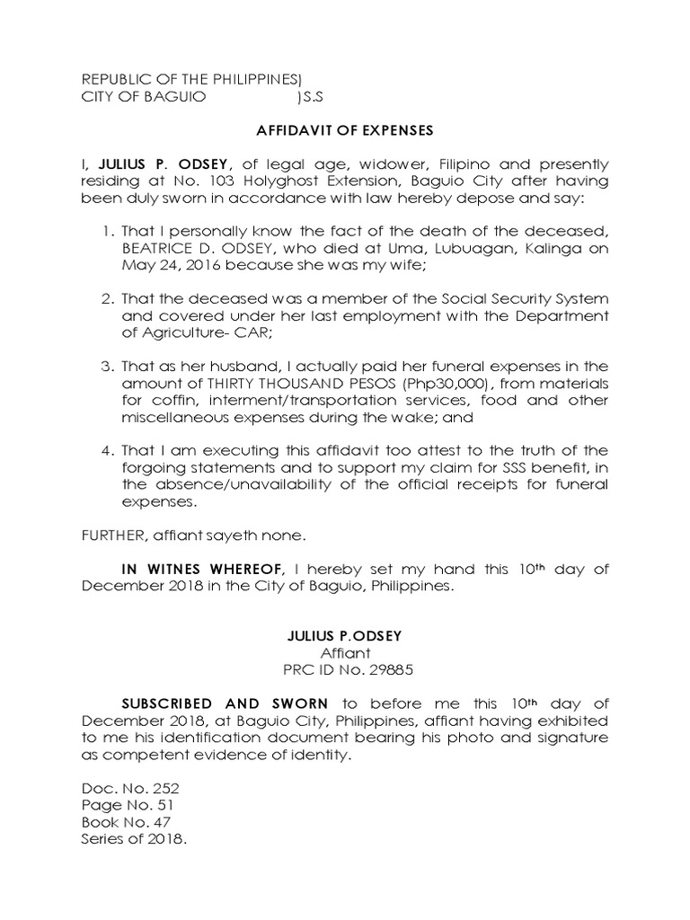 Affidavit of Expenses | PDF | Affidavit | Funeral