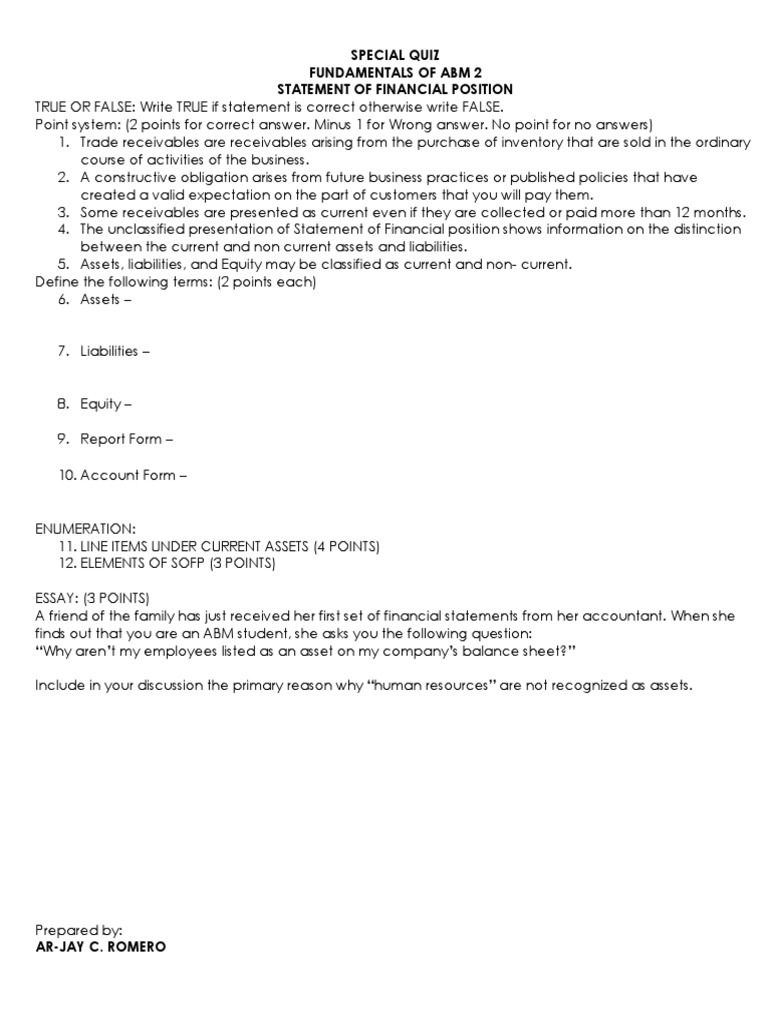 Special Quiz - Statement of Financial Position | PDF | Balance Sheet ...