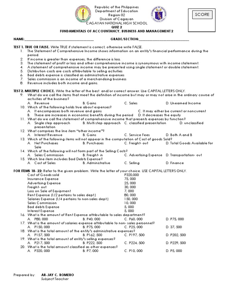 Quiz on Comprehensive Income Statements | PDF | Income Statement | Revenue