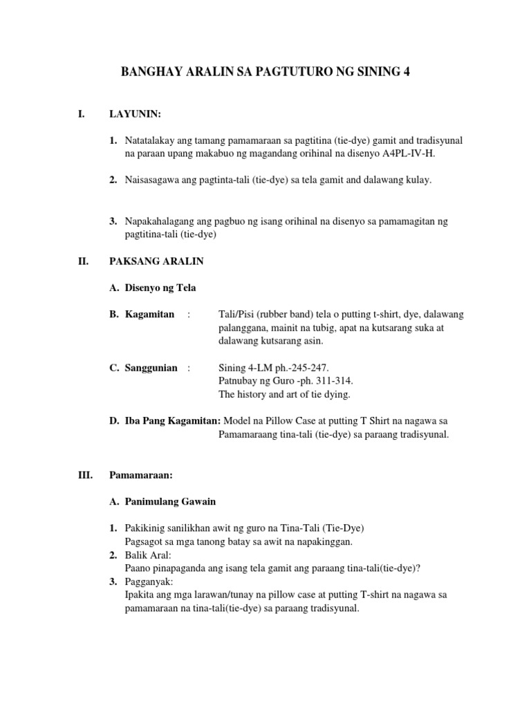 Banghay Aralin Sa Pagtuturo NG Sining 4 | PDF