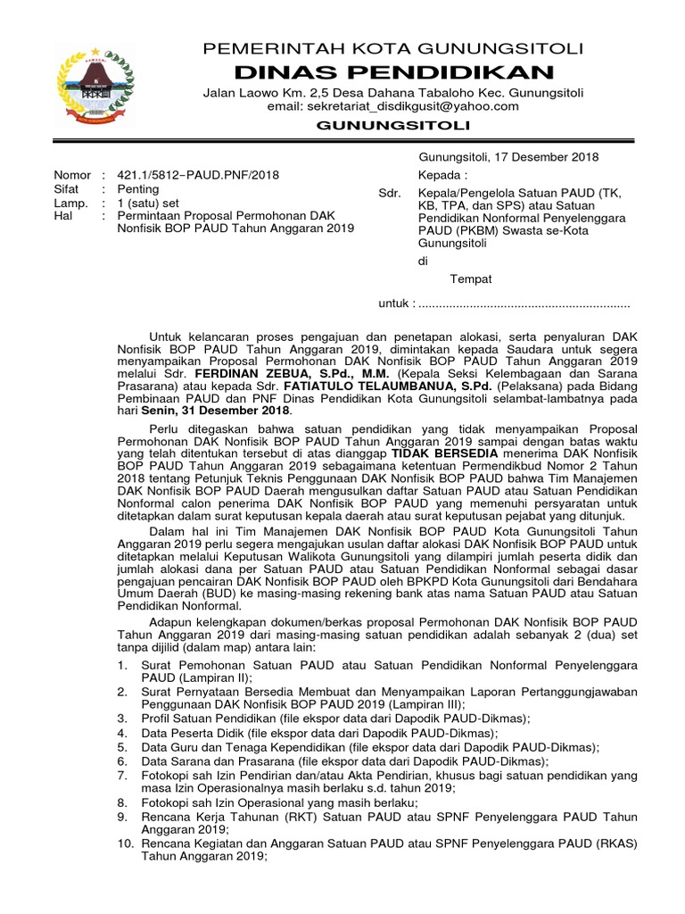 Permintaan Proposal Permohonan Dak Nonfisik Bop Paud Tahun Anggaran 2019 Dari Satuan Paud Dan ...