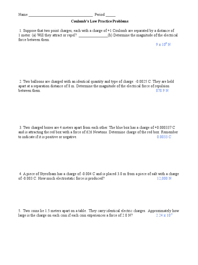 Coulomb's Law Practice Problems Worksheet | PDF