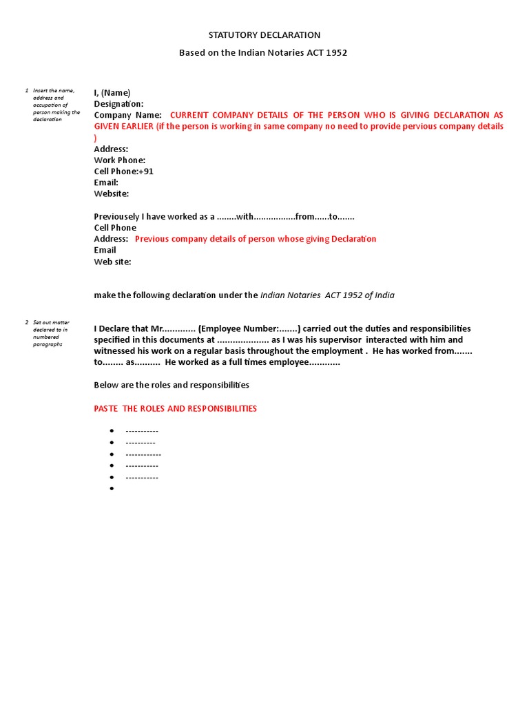 Statutory Declaration Sample Format As Required by ACS 30.09.2016 | PDF ...