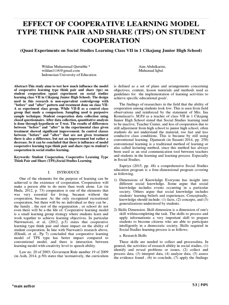 Effect of Cooperative Learning Model Type Think Pair and Share (TPS) On Student Cooperation ...