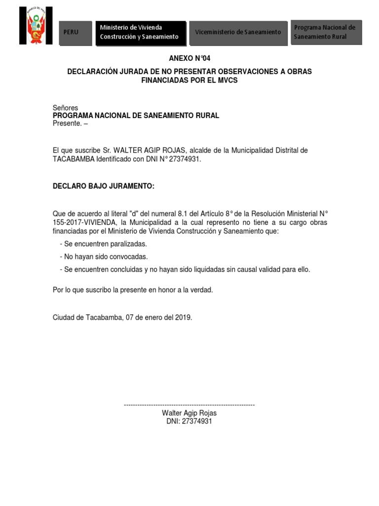 Anexo 4 Declaracion Jurada | PDF