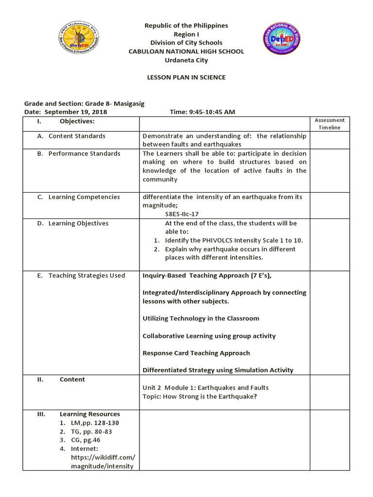 Grade 8 Science Lesson Plan: Earthquakes | PDF | Earthquakes | Inquiry ...