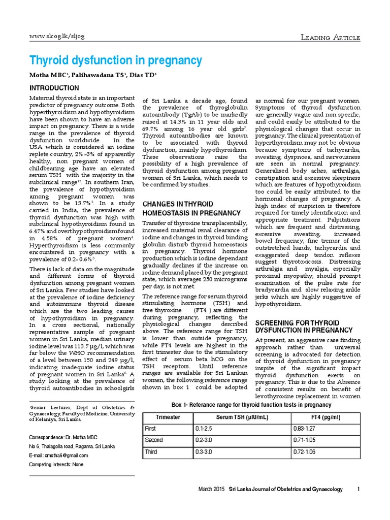 Thyroid Dysfunction in Pregnancy: Motha MBC, Palihawadana TS, Dias TD | PDF | Hypothyroidism ...