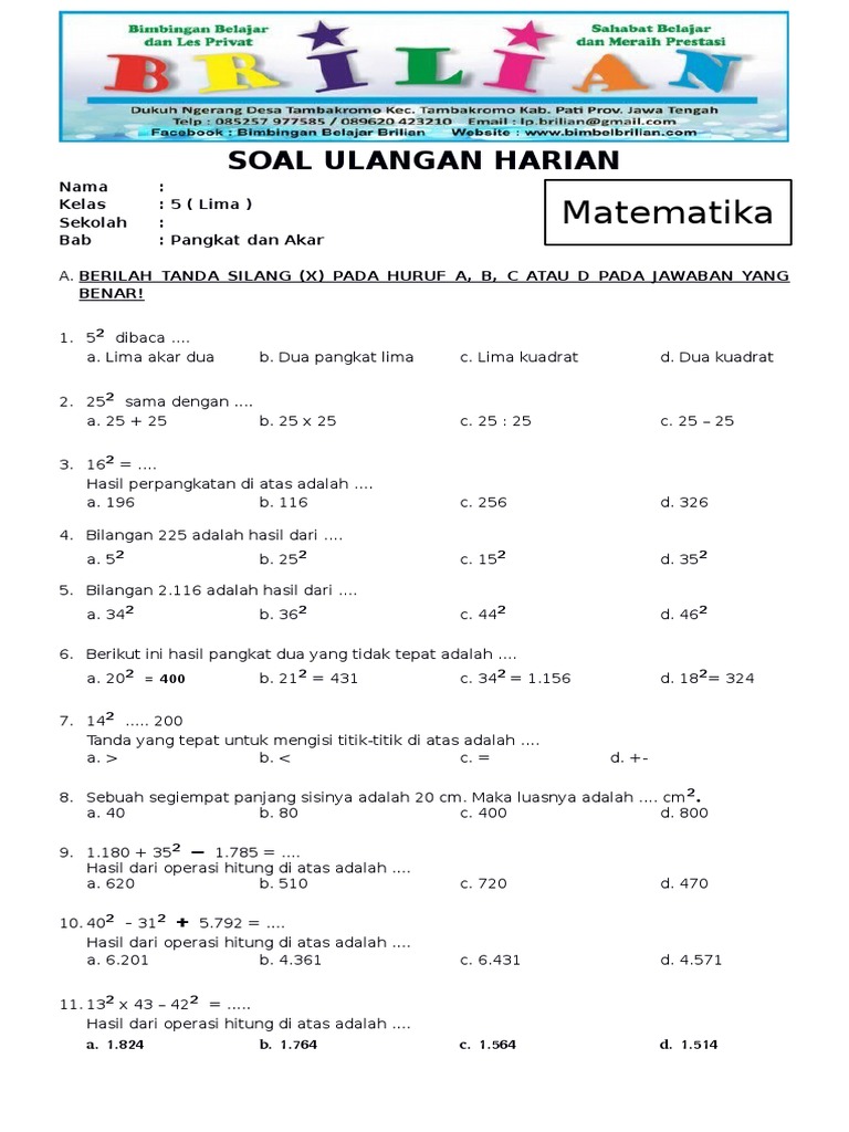 Soal Matematika Kelas 5: Pangkat dan Akar | PDF