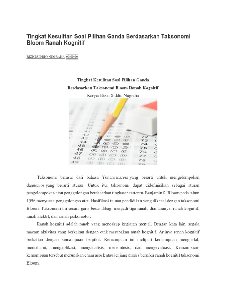 Tingkat Kesulitan Soal Pilihan Ganda Berdasarkan Taksonomi Bloom Ranah ...
