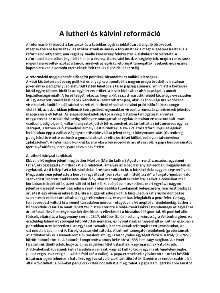 A Lutheri És Kálvini Reformáció | PDF