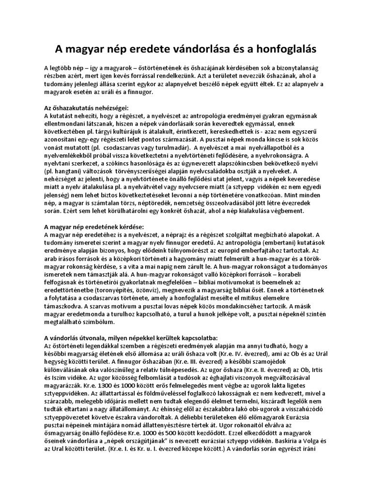 A Magyar Nép Eredete, Vándorlása És A Honfoglalás | PDF