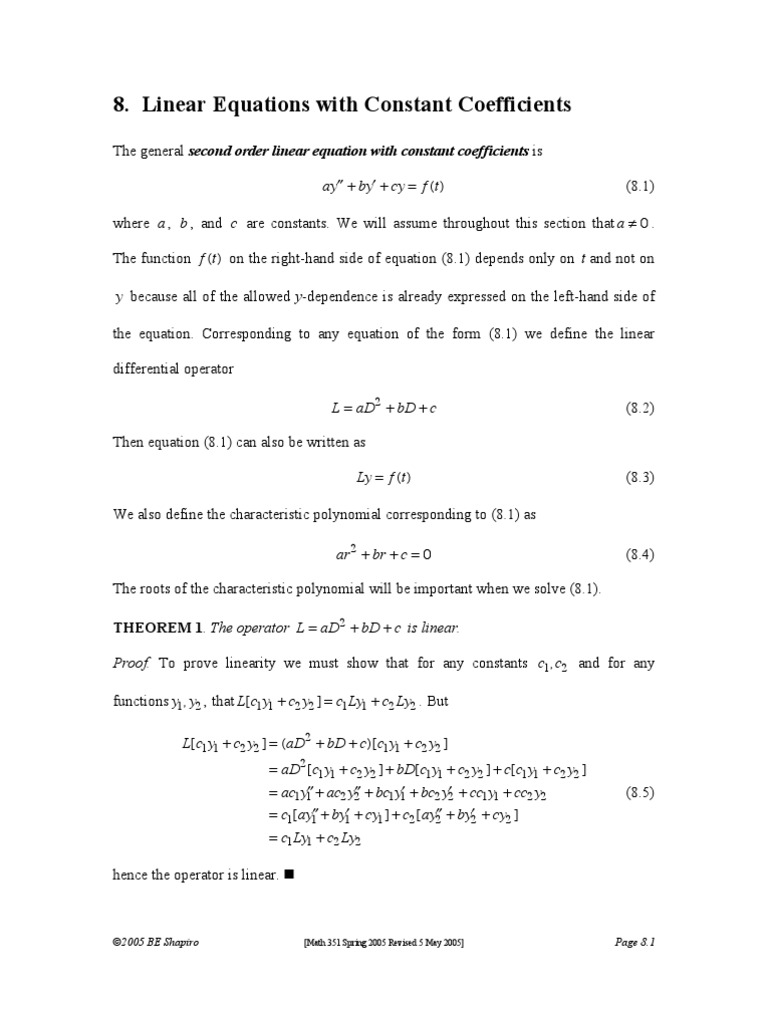 Linear Equations With Constant Coefficients: THEOREM 1. The Operator L ...
