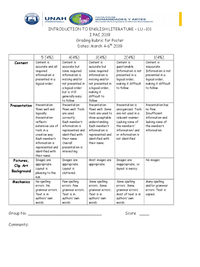 Introduction To English Literature - Lu - 101 I PAC 2019 Grading Rubric ...