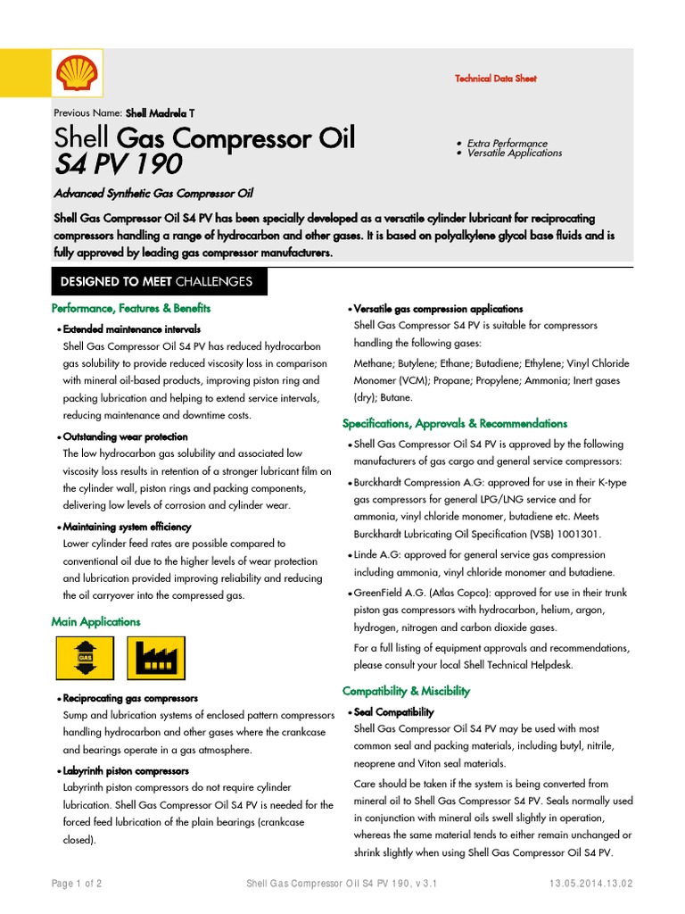 Shell Gas Compressor Oil S4 PV 190 (En) TDS | PDF | Lubricant | Gases