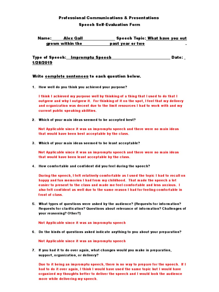 Impromptu Speech Self-Evaluation Form | PDF | Public Speaking | Epistemology