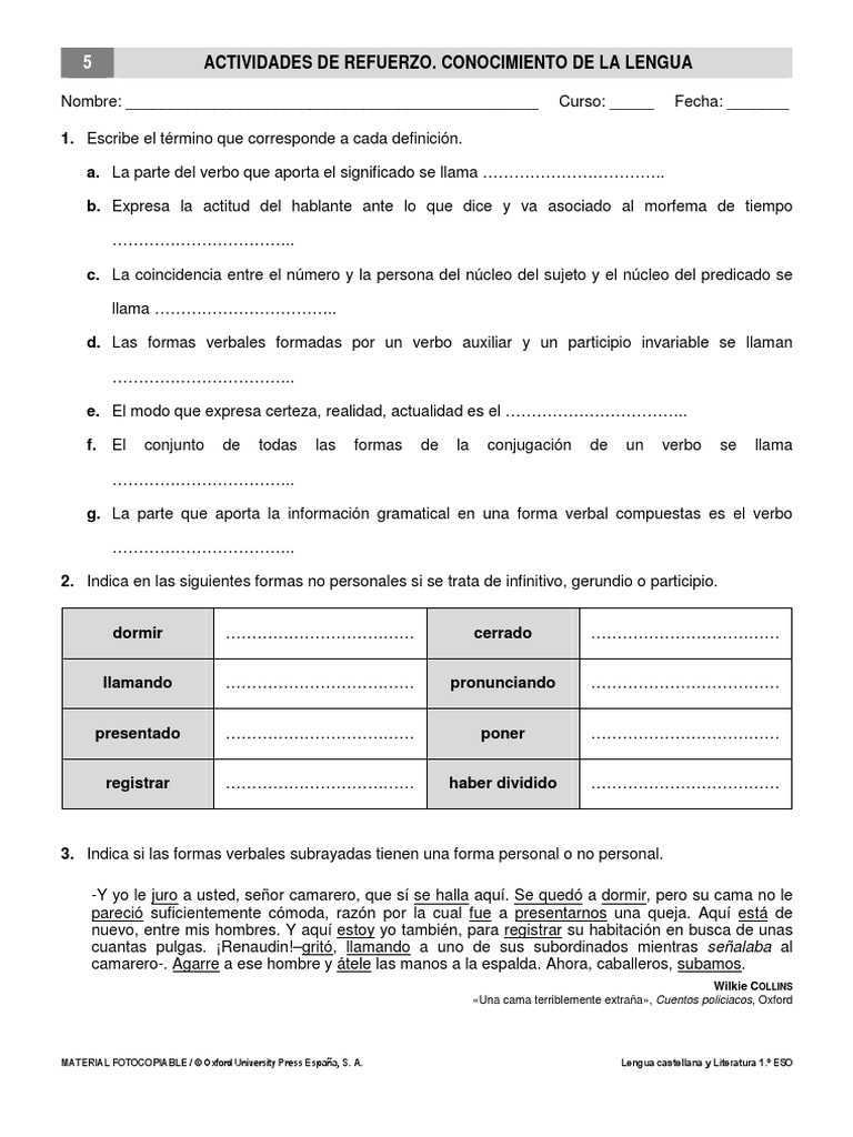 Actividades de Refuerzo de Verbos, Lengua 1 Eso | PDF | Verbo | Semántica
