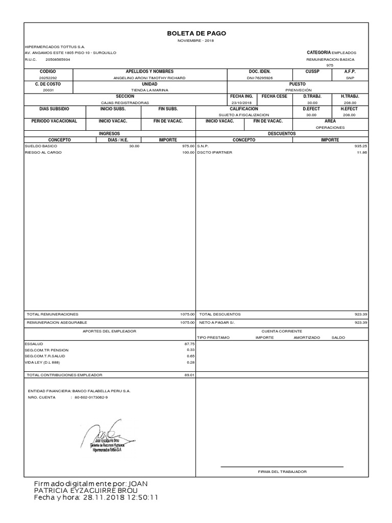 Boleta de Pago Tottus Noviembre 2018 | PDF | Gastos | Relaciones laborales