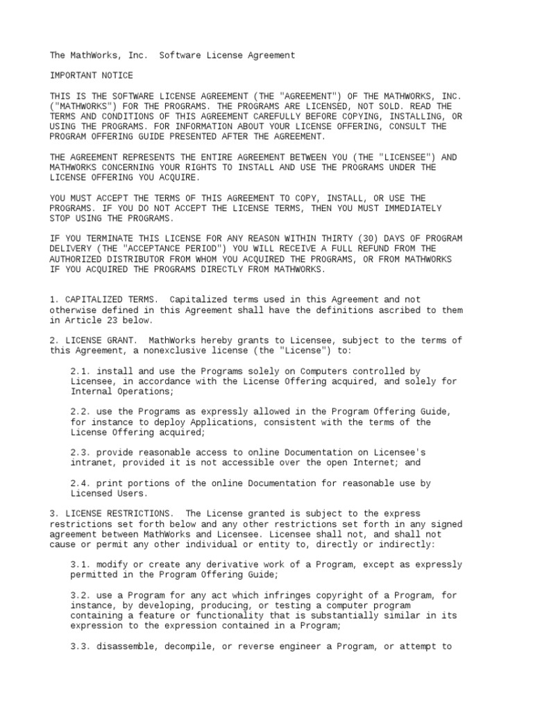 Matlab License Agreement | PDF | License | Source Code