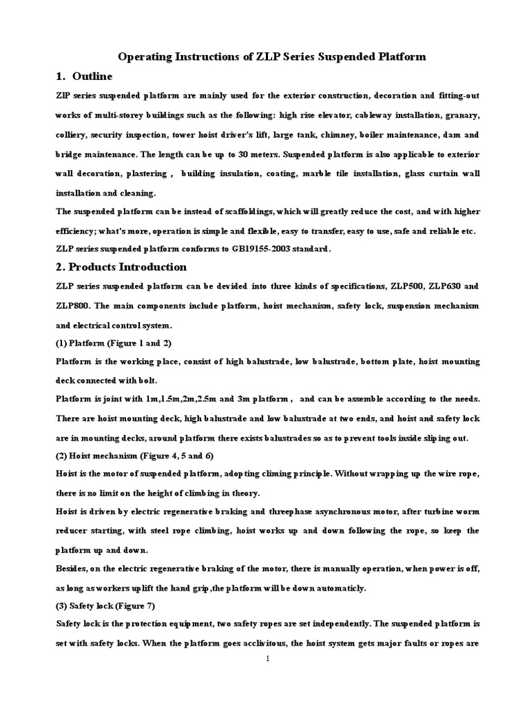 Operating Instructions of ZLP Series Suspended Platform 1. Outline ...