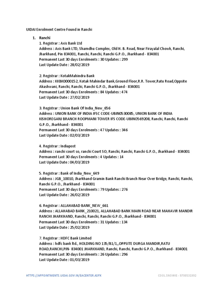 UIDAI Enrolment Centre in Ranchi, Jharkhand | PDF | Government Of India ...