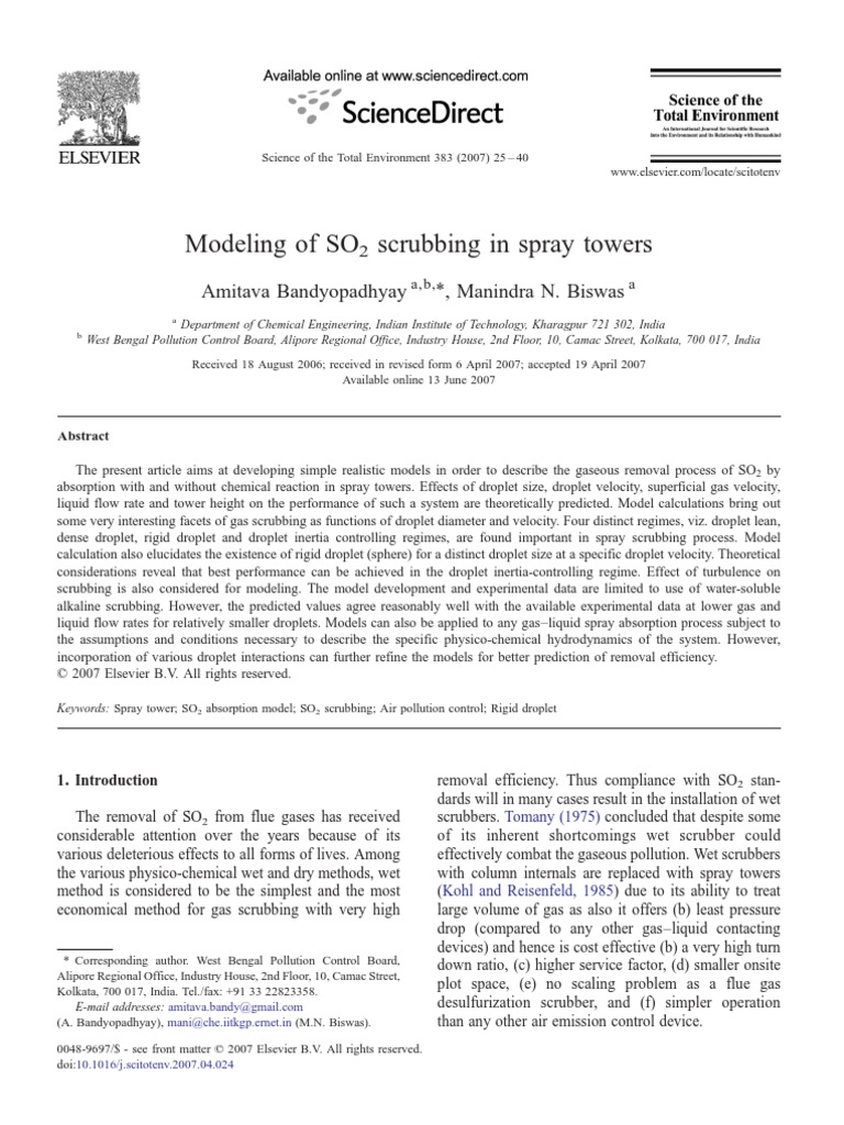 Modeling of SO2 Scrubbing in Spray Towers | PDF | Drop (Liquid ...