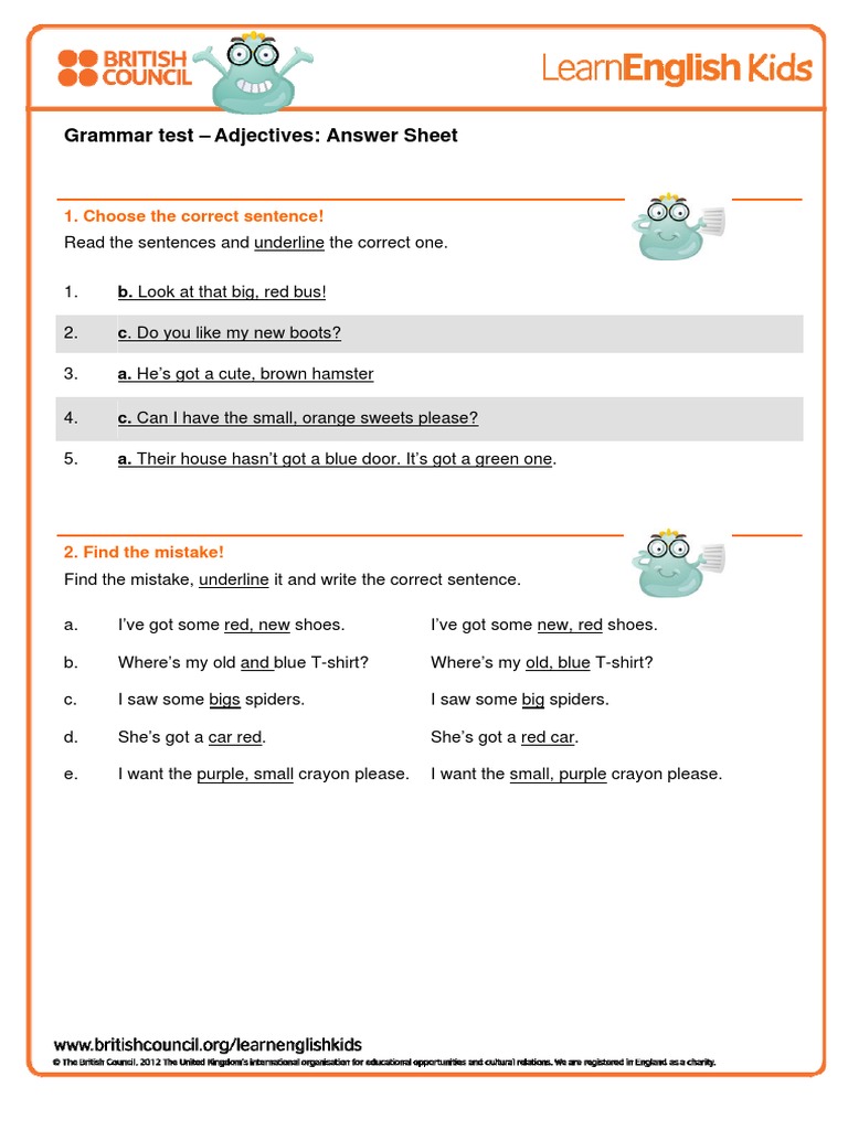 Grammar Test - Adjectives: Answer Sheet: 1. Choose The Correct Sentence ...
