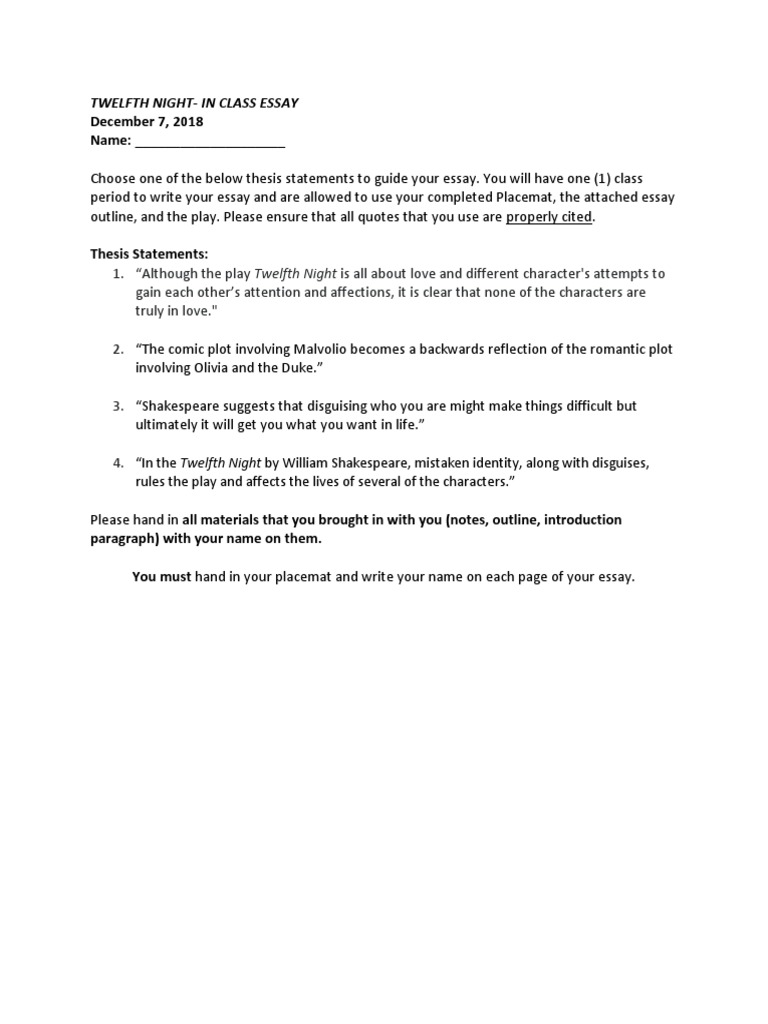 Essay Topics and Rubric Dec7 | PDF | Twelfth Night | Essays