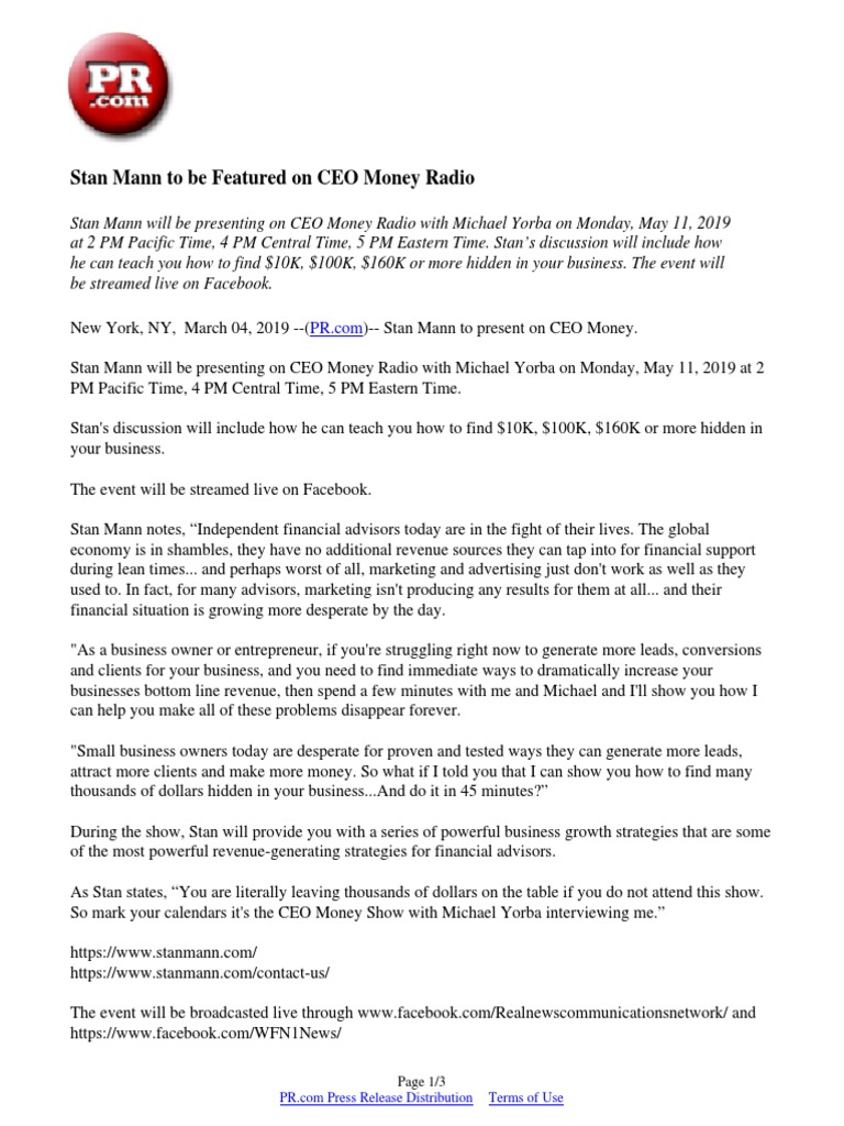 Stan Mann To Be Featured On CEO Money Radio | PDF | Press Release ...