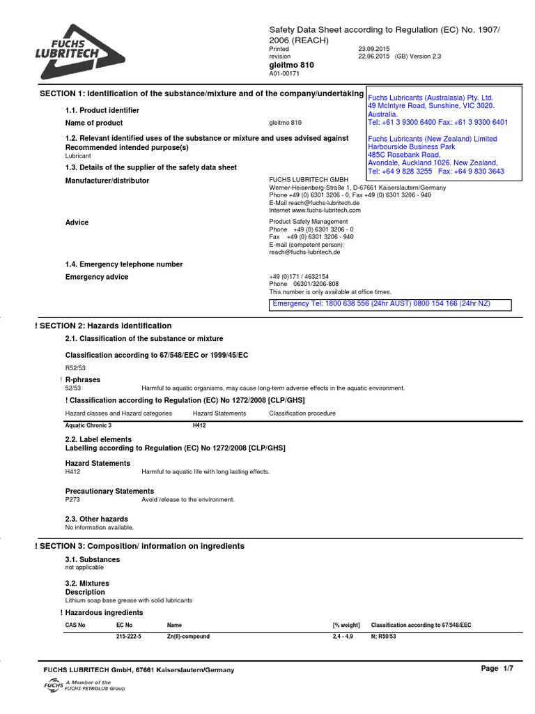 Gleitmo 810 SDS | Dangerous Goods | Toxicity