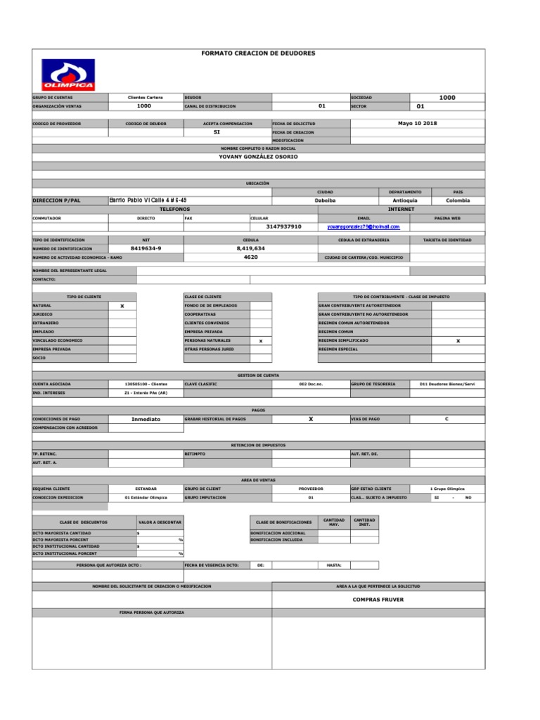 FORMATO CREACION CLIENTE METODOS-1.xls MODIF | PDF | Pagos | Impuestos