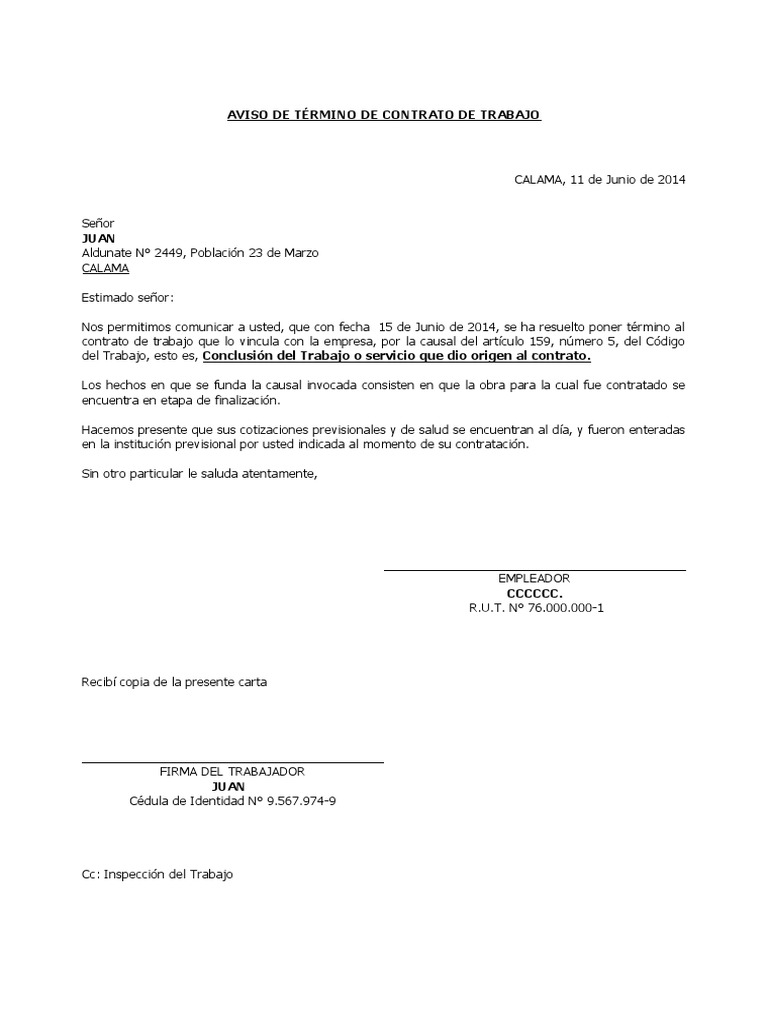 Aviso Termino Contrato Termino Faena | Labor