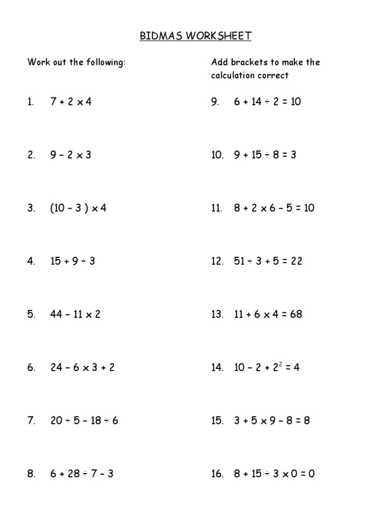 Bodmas Worksheet | PDF