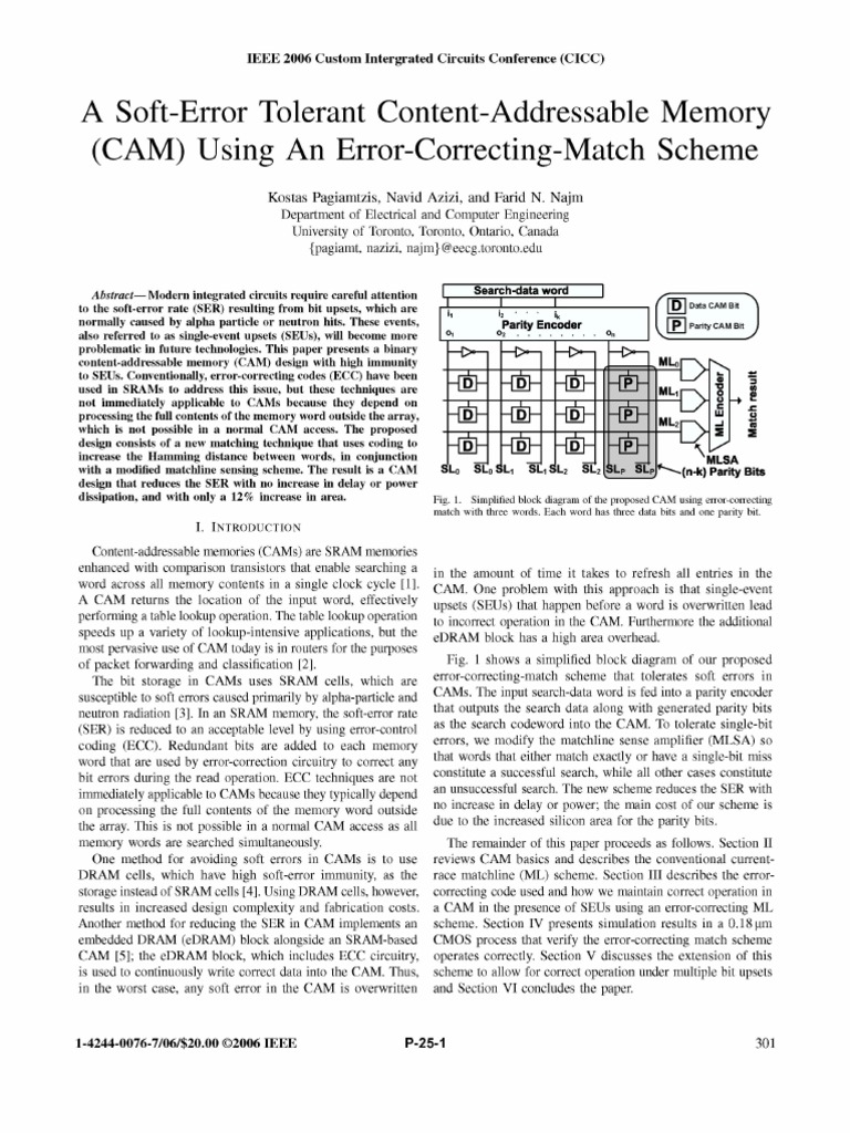 Soft Error Tolerant Cam Pdf Error Detection And Correction Dynamic Random Access Memory