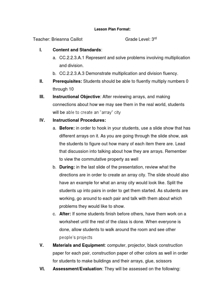 Array City Project Lesson Plan | PDF | Lesson Plan | Matrix (Mathematics)