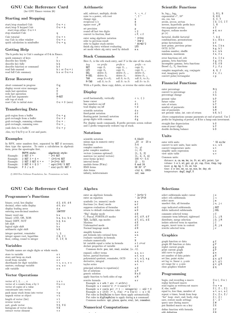 GNU Calc Reference Card: Arithmetic Scientific Functions | PDF ...