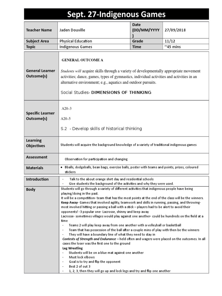Sept. 27-Indigenous Games: Teacher Name Date (Dd/Mm/Yyyy) Subject Area ...