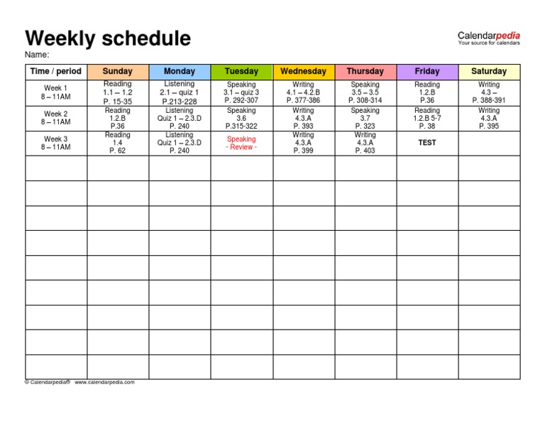 Weekly Schedule Sunday To Saturday in Color | PDF | Sports | Leisure