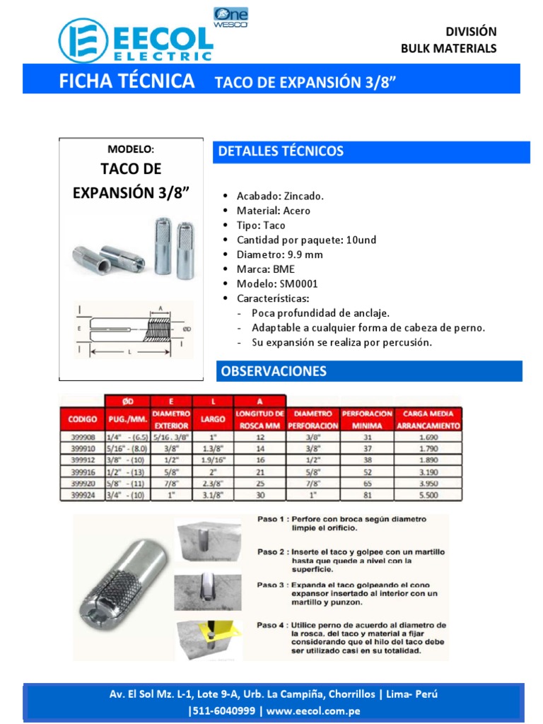 Ficha Técnica: Taco de Expansión 3/8” | PDF