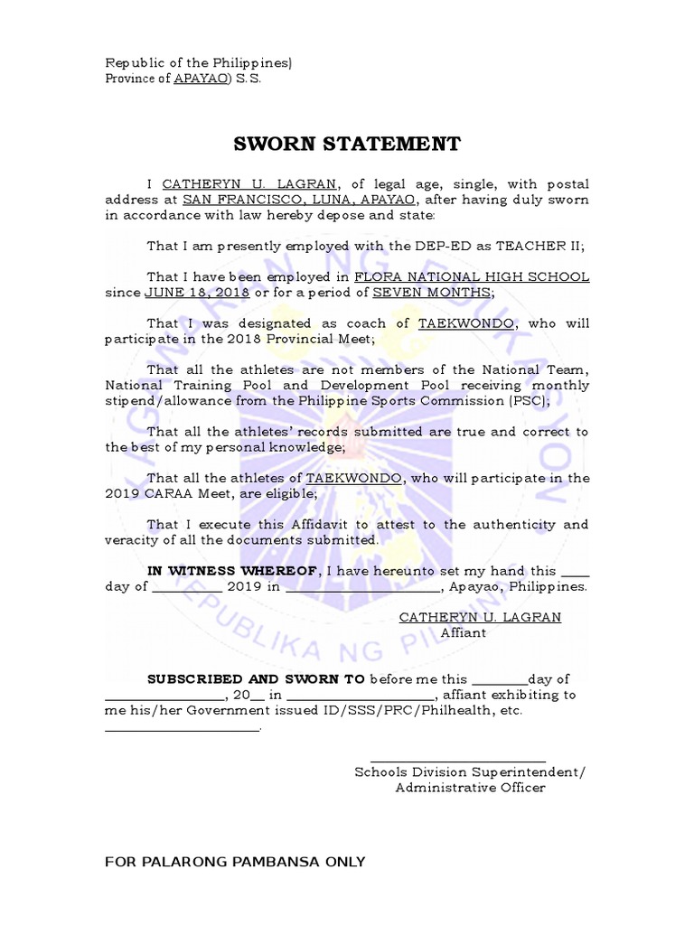 Sworn Statement: IN WITNESS WHEREOF, I Have Hereunto Set My Hand This ...