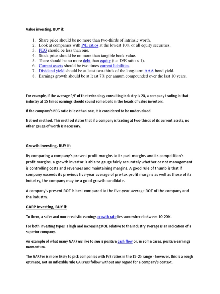 Investment Strategies: Value, Growth, GARP, CANSLIM | PDF | Value ...