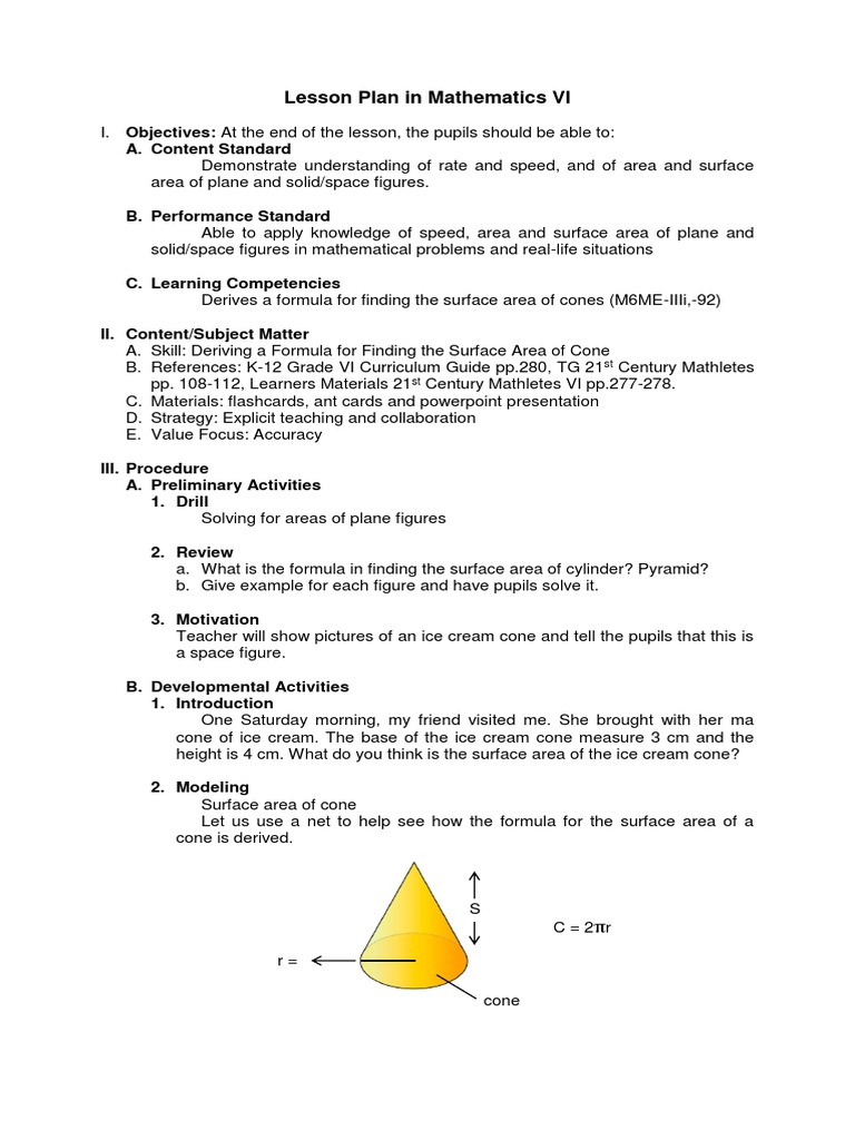 Surface Area of Cones Lesson Plan | PDF | Area | Lesson Plan