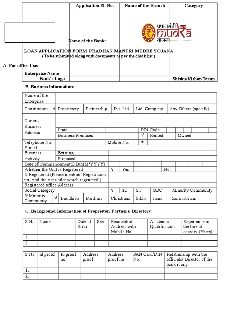 Common Loan Application Form Under Pradhan Mantri MUDRA Yojana | PDF | Credit | Finance & Money ...