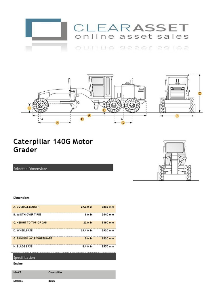 Caterpillar 140G Motor Grader: Selected Dimensions | PDF | Vehicles ...