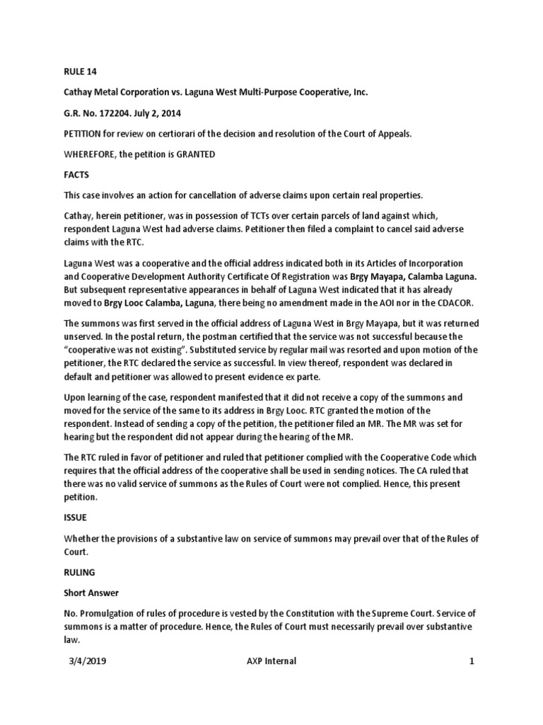 Rule 14 Cathay Metal Corporation vs. Laguna West Multi-Purpose ...