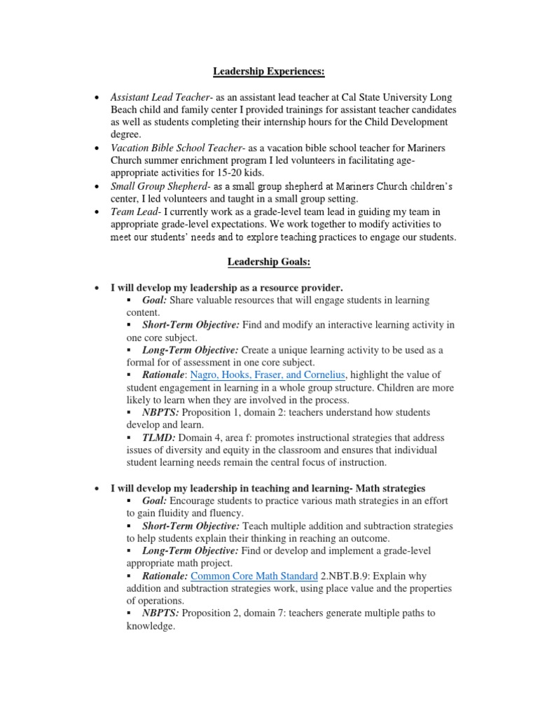 Leadership Experiences Goals | PDF | Common Core State Standards ...